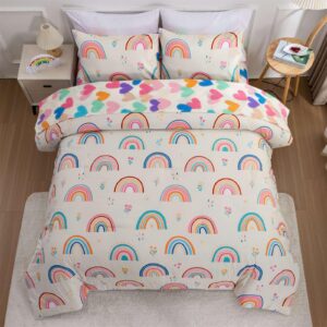 btargot 5 piece multi-color rainbow comforter set for girls boys kids, full size cartoon love hearts flowers and sun star bedding set, bed in a bag with comforter, sheets and pillowcases