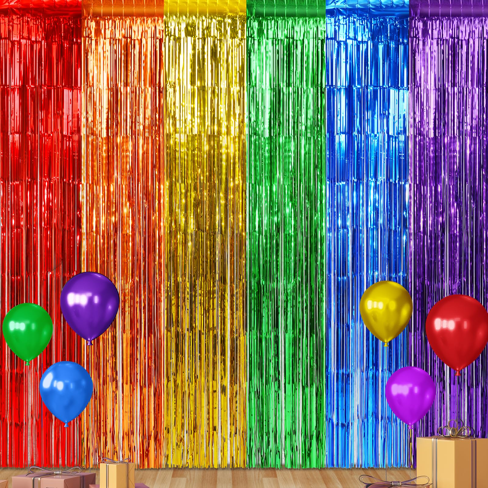 4Pack 3.3X6.6Ft Rainbow Foil Fringe Curtains Backdrop Decorations, Rainbow Metallic Tinsel Foil Streamers Curtain Photo Booth Background for Birthday Wedding Engagement Bridal Shower Party Decorations