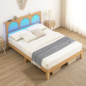 gaomon queen bed frame with natural rattan headboard, queen size platform bed frame with led lights and rattan headboard, wooden support legs, no box spring needed, easy assembly