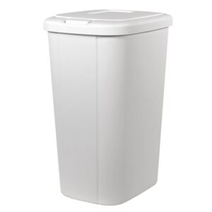 bmhsn solid color 13.3 gal touch top plastic trash can, spring loaded lid garbage bin for kitchen,home, bedroom, bathroom,office & slim space-saving (white)