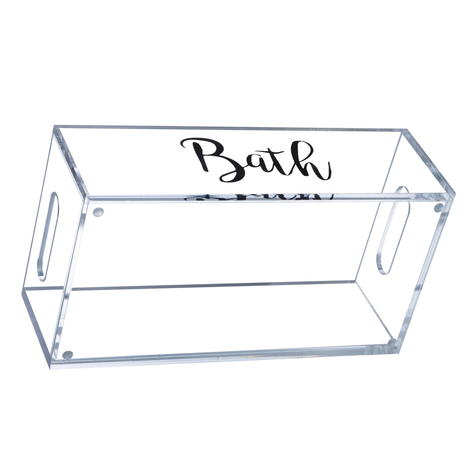 MyGift Hotel Series Premium Clear Acrylic Bathroom Storage Container Bin Tray with Cutout Handles and Cursive Bath Decoration for Countertop or Cabinet Organization