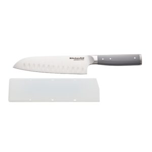 kitchenaid gourmet forged santoku custom-fit cover, sharp kitchen knife, high-carbon japanese stainless steel blade, 7 inch, gray