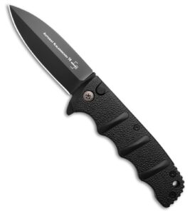 böker kalashnikov button lock manual flipper pocket knife, d2 steel blade and black aluminum handle, edc knife (black)