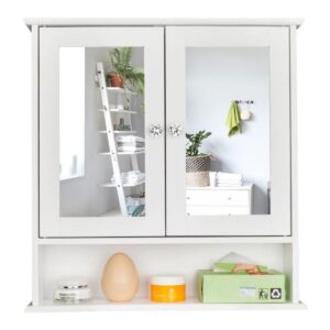 3 Tier Bathroom Cabinet with Mirror, Wood Medicine Cabinet with Adjustable Shelf, Wall Mount Cabinet Storage, Cupboard, White