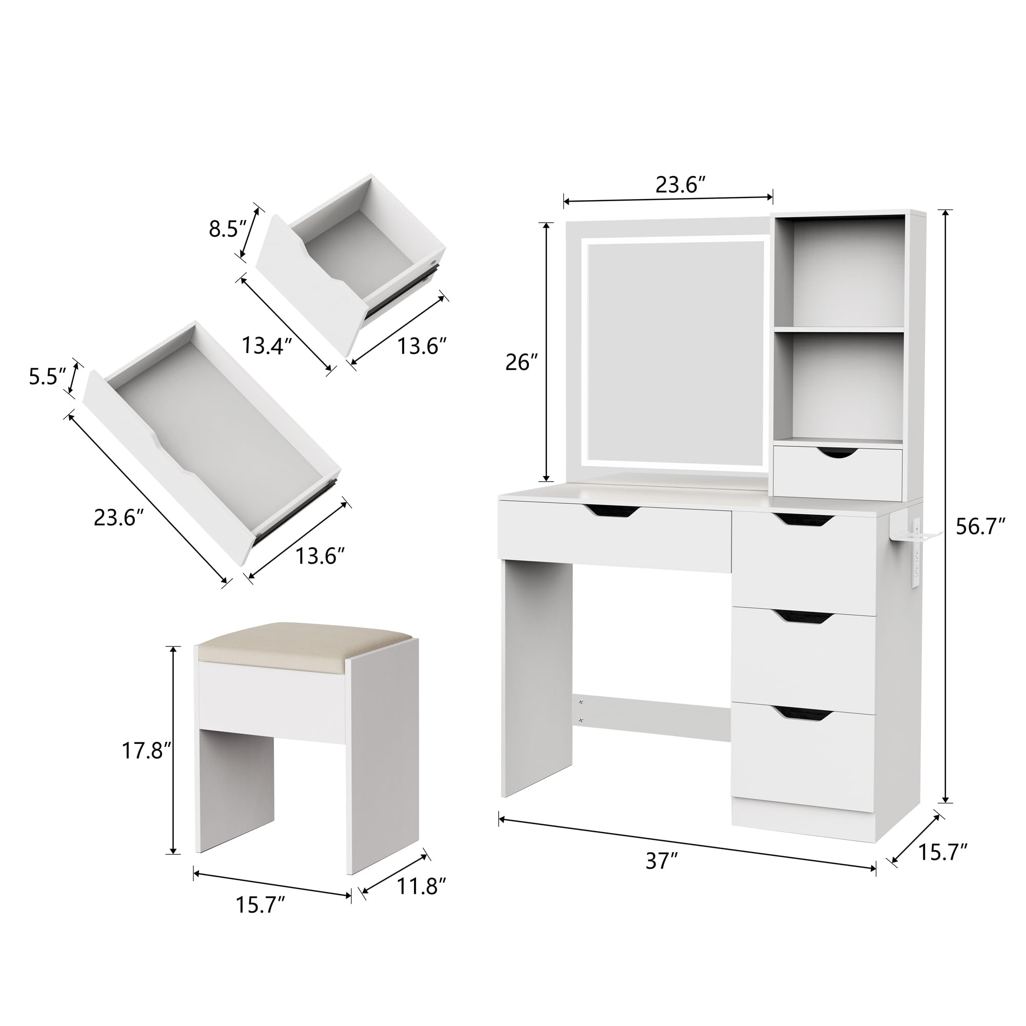 HUAHUU Vanity Desk with LED Lights Mirror & Power Outlet, 3 Lighting Colors Vanity Desk with 5 Drawers, Makeup Vanity Set and Cushioned Stool for Bedroom, White