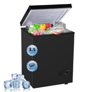 geekman 3.5 cubic feet deep chest freezer, mini freezer with adjustable thermostat and convenient top-open door, with removable storage basket, perfect for home, kitchen, and bar, black