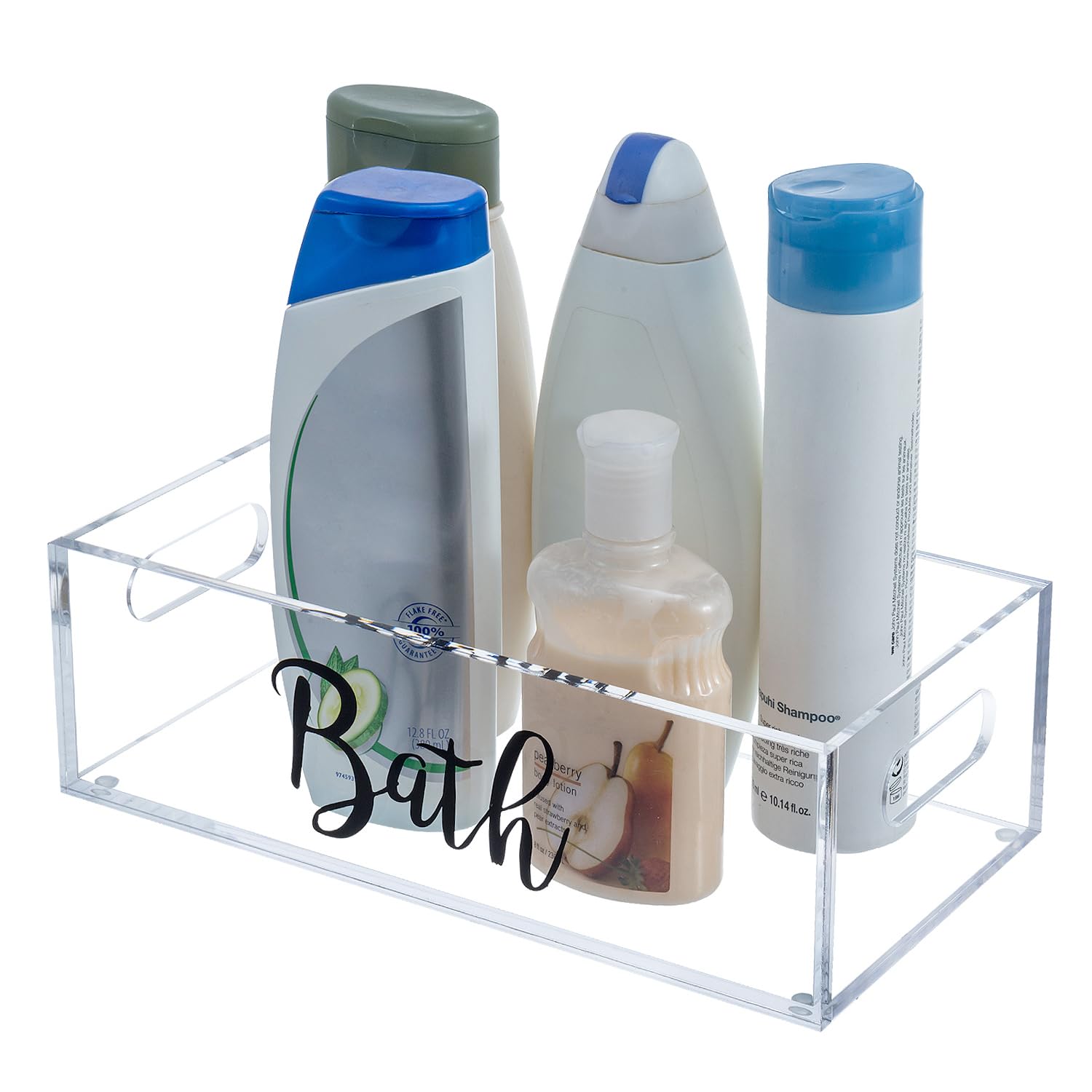 MyGift Hotel Series Premium Clear Acrylic Bathroom Storage Container Bin Tray with Cutout Handles and Cursive Bath Decoration for Countertop or Cabinet Organization