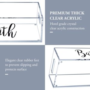 MyGift Hotel Series Premium Clear Acrylic Bathroom Storage Container Bin Tray with Cutout Handles and Cursive Bath Decoration for Countertop or Cabinet Organization