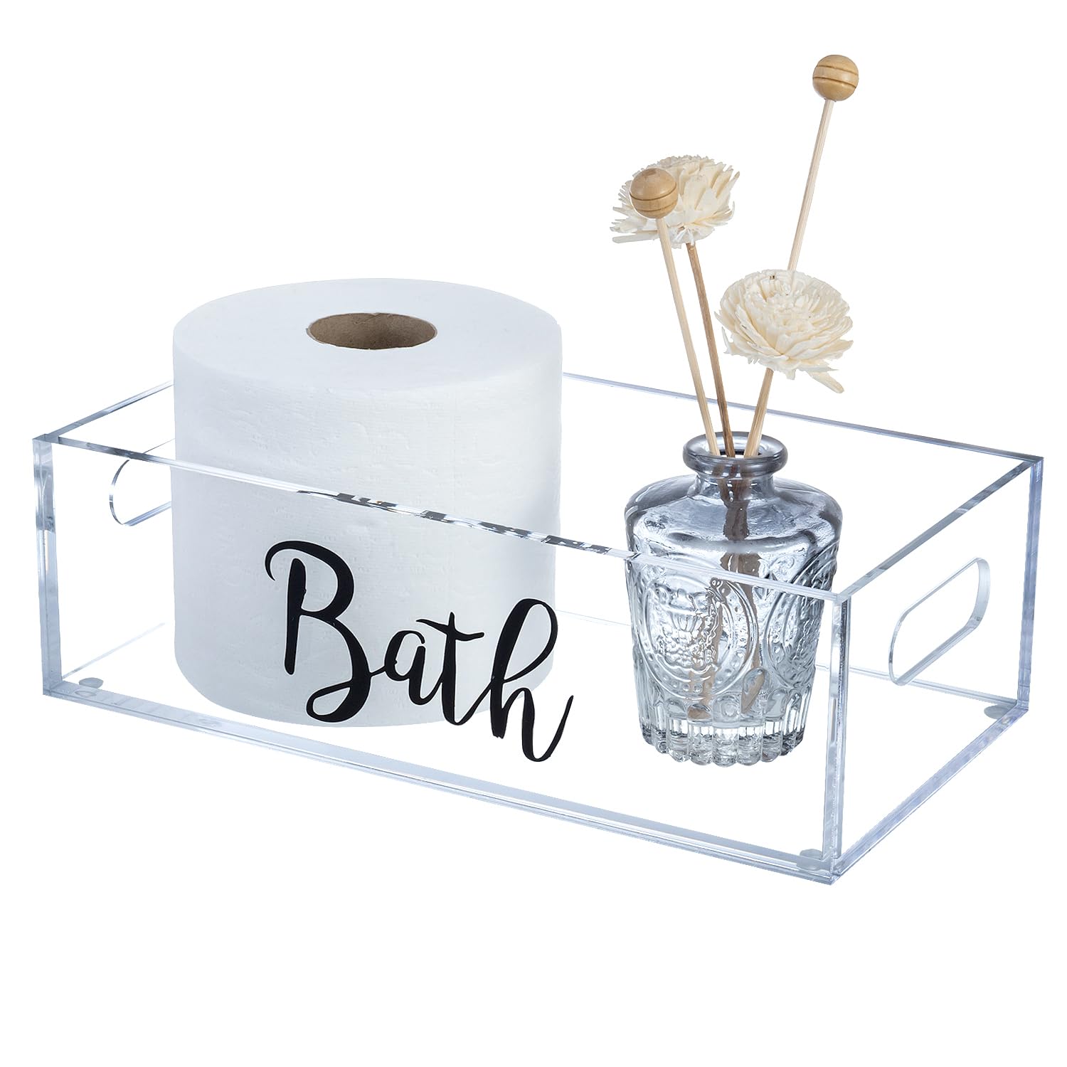 MyGift Hotel Series Premium Clear Acrylic Bathroom Storage Container Bin Tray with Cutout Handles and Cursive Bath Decoration for Countertop or Cabinet Organization