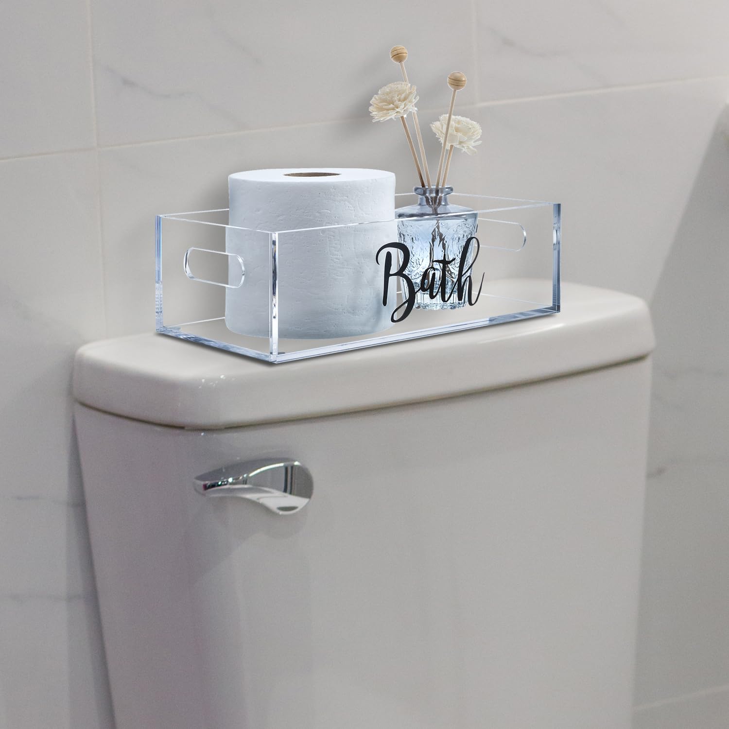 MyGift Hotel Series Premium Clear Acrylic Bathroom Storage Container Bin Tray with Cutout Handles and Cursive Bath Decoration for Countertop or Cabinet Organization