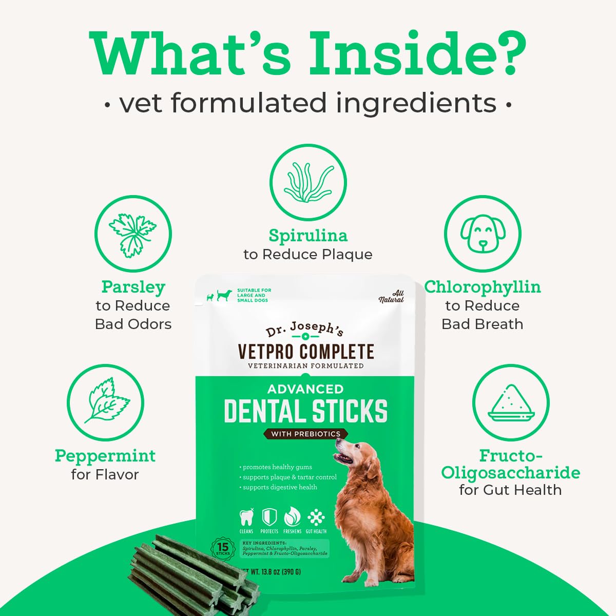 Vetpro Complete Advanced Dental Sticks with Prebiotics, 15 Sticks, Cleans Teeth, Freshens Bad Breath, and Supports Gut Health, Target Tartar and Plaque Build Up, Veterinarian Formulated