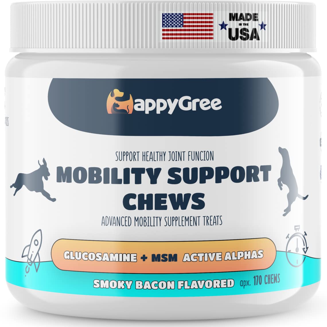 Best Natural Health Supplements for Dogs, Various Formulas & Benefits - Vet Recommended, 170 Natural Soft Chews - Smoky Bacon Flavor, Made in The USA (Hip&Joint Mobility Support)