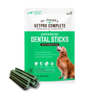 vetpro complete advanced dental sticks with prebiotics, 15 sticks, cleans teeth, freshens bad breath, and supports gut health, target tartar and plaque build up, veterinarian formulated