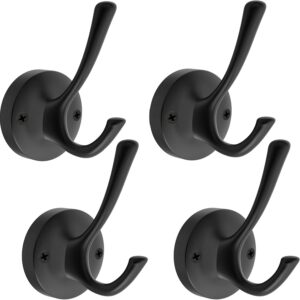 netlkla 4 packs black coat hooks, robe hook, decorative towel hooks, double prong hooks, metal closet hooks, wall hooks for hanging towel hooks for bathrooms, kitchen