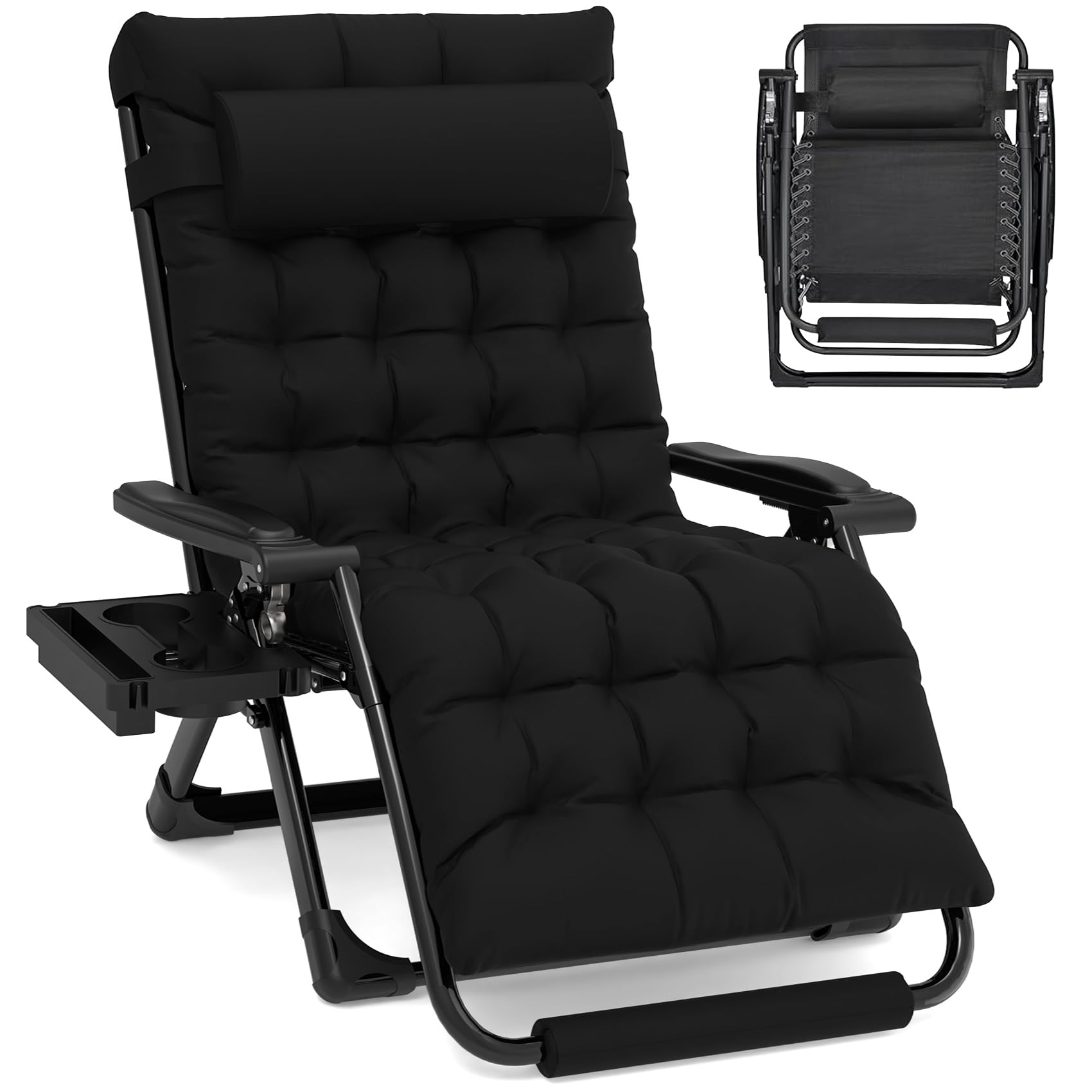 Slendor Oversized Zero Gravity Chairs XXL, 33In Padded Zero Gravity Lounge Chair, Lawn Recliner, Folding Patio Reclining Chair w/Aluminum Alloy Lock, Headrest, Cup Holder, Support 500lbs, Black