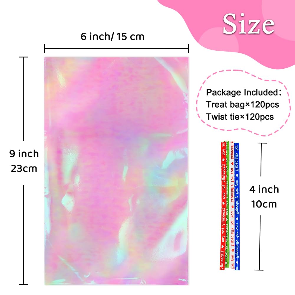 kamachic 120 Pcs Iridescent Cellophane Treat Bags 6x9 Inch, Holographic Candy Bags with Ties, Clear Favor Bags for Party, Homemade DIY, Small business