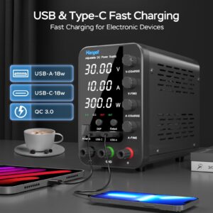 DC Power Supply Variable, 30V 10A Bench Power Supply with Encoder Coarse & Fine Adjustments Knob, Adjustable Switching Regulated lab Power Supply with 5V 3.6A USB & Type-C Quick-Charge