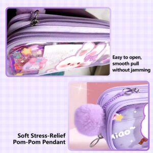 UINSUE Cute Pen case Adorable Bunny Transparent 3-Layer Large Capacity Pencil Case Gadget organizer with Lovely Stickers (Purple)