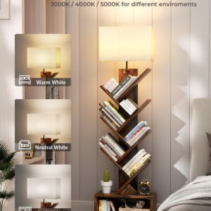 Evermagin 6 Tier Tree Bookshelf with Light, Small Bookcase Tower for Books/CDs/Movies, Tall Floor Standing Book Organizer with Storage Cabinet for Living Room, Bedroom & Home Office, Rustic Brown