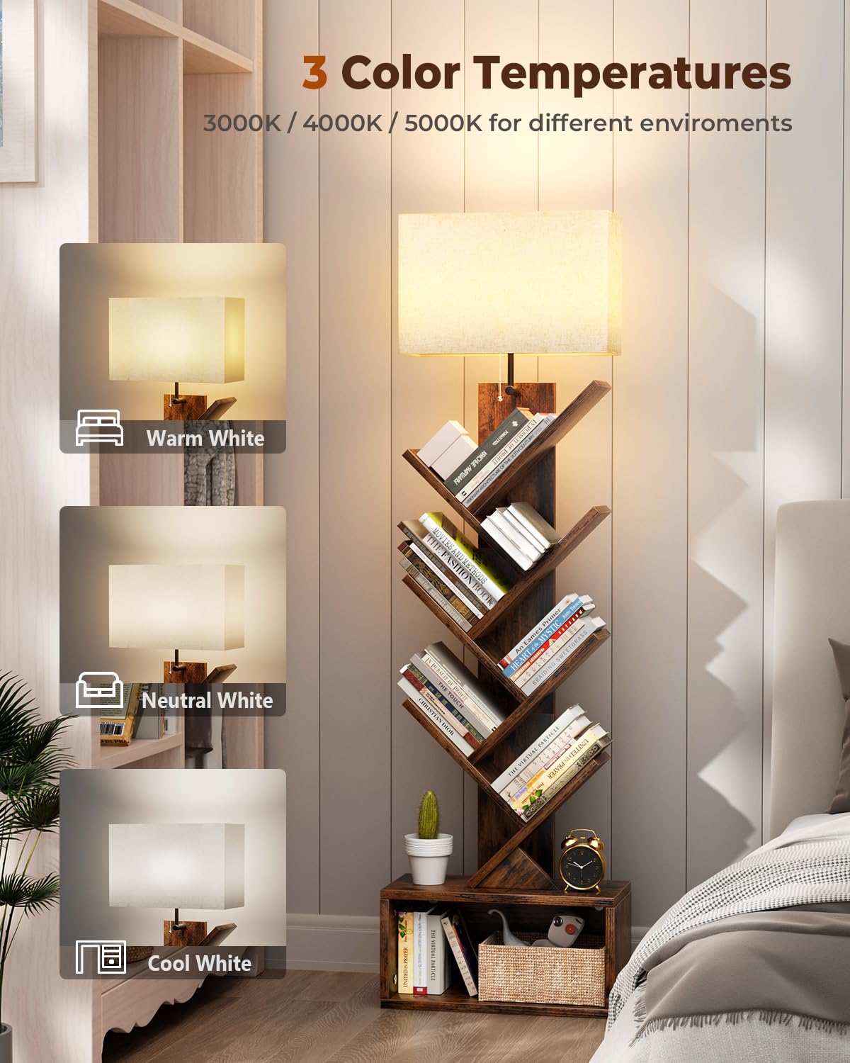 Evermagin 6 Tier Tree Bookshelf with Light, Small Bookcase Tower for Books/CDs/Movies, Tall Floor Standing Book Organizer with Storage Cabinet for Living Room, Bedroom & Home Office, Rustic Brown