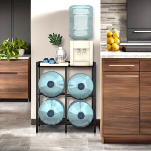 5 Gallon Water Jug Holder for 4 Bottles with Rustic Brown Wood Top Shelf, 5 Gallon Water Jug Stand, 5 Gallon Water Bottle Holder, Heavy Duty Water Dispenser Stand for Home Kitchen/Office/Living Room