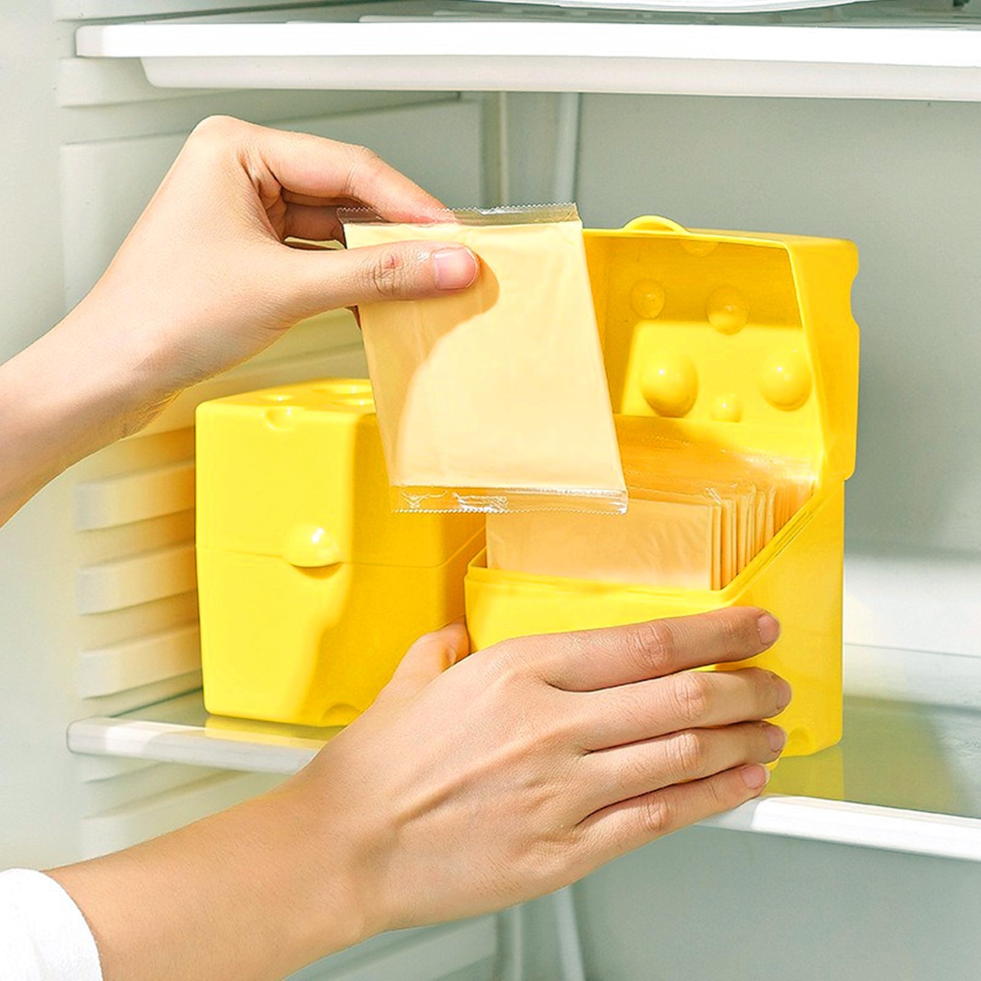 CREHNIL Cow Cheese Slice Holder Storage Container For Refrigerator Sliced Shredded Keeper Containers For Fridge (Yellow)