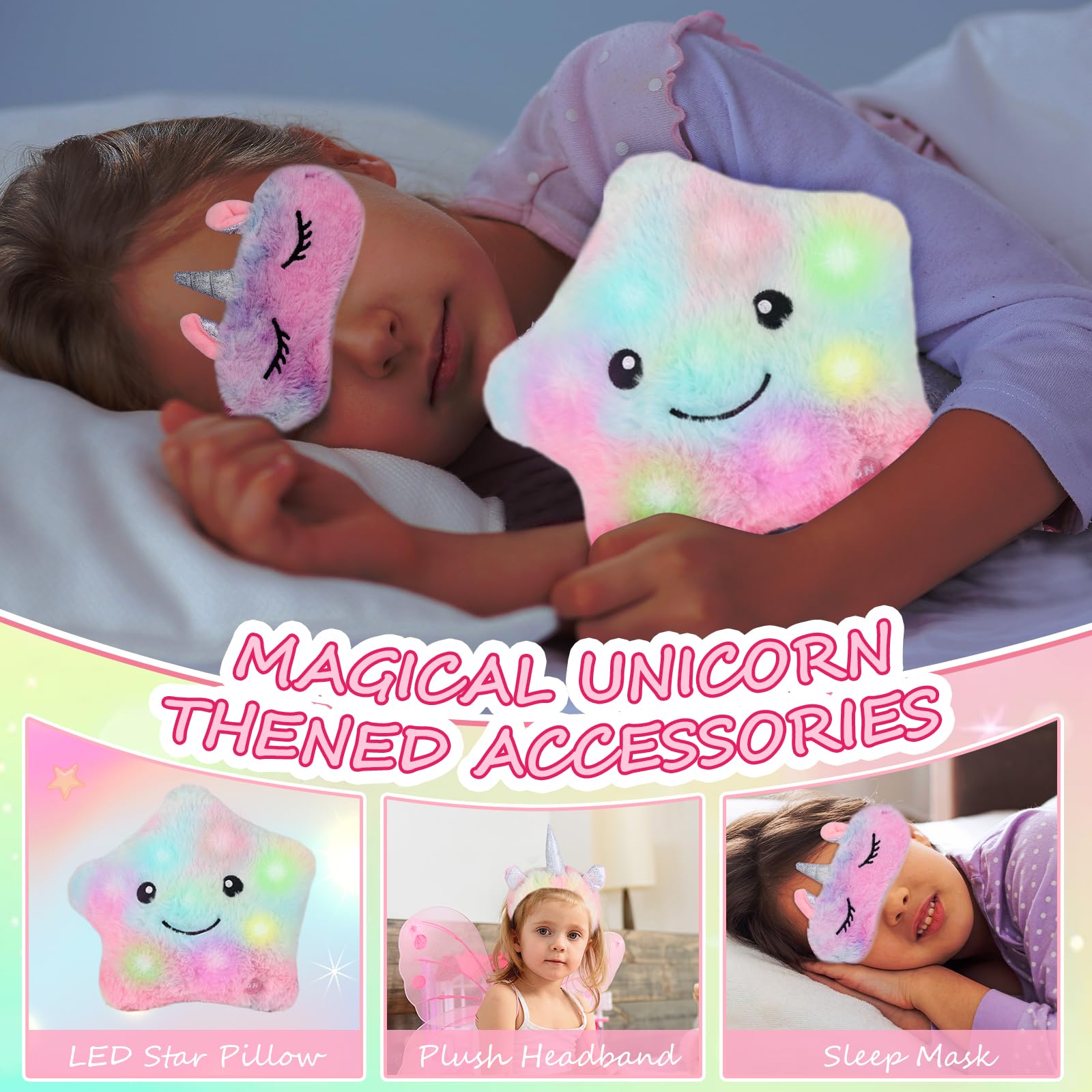 Ingbear Unicorn Toys for Girls Age 4-6 7 8, Girls Birthday Gifts with Light Up Plush Stars Pillow/Crossbody Bag/Water Bottle/Headband/Soft Plush Toys Set for Teens Christmas