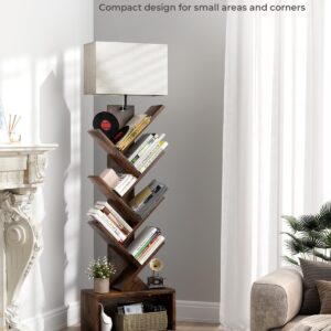 Evermagin 6 Tier Tree Bookshelf with Light, Small Bookcase Tower for Books/CDs/Movies, Tall Floor Standing Book Organizer with Storage Cabinet for Living Room, Bedroom & Home Office, Rustic Brown