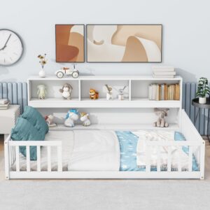 floor bed with rails full size, wood montessori floor bed with storage bookcase, kids bed frame with fence and shelves for boys girls, white