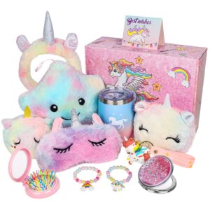 ingbear unicorn toys for girls age 4-6 7 8, girls birthday gifts with light up plush stars pillow/crossbody bag/water bottle/headband/soft plush toys set for teens christmas