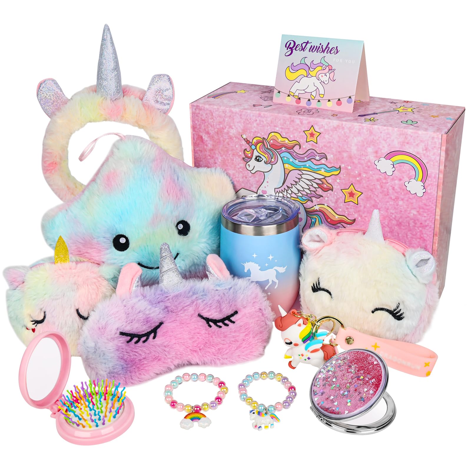 Ingbear Unicorn Toys for Girls Age 4-6 7 8, Girls Birthday Gifts with Light Up Plush Stars Pillow/Crossbody Bag/Water Bottle/Headband/Soft Plush Toys Set for Teens Christmas