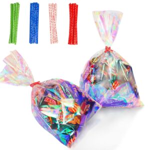 kamachic 120 Pcs Iridescent Cellophane Treat Bags 6x9 Inch, Holographic Candy Bags with Ties, Clear Favor Bags for Party, Homemade DIY, Small business