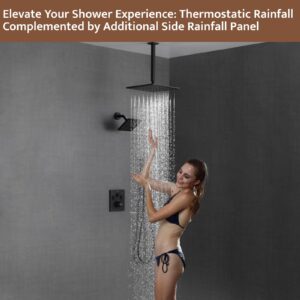 SHOYELA Thermostatic Shower System Matte Black, Push Button Diverter Shower Faucet with 2 in 1 Handheld, Ceiling Mount 12 Inch Shower Head with 6 Inch Wall Mount Shower Head