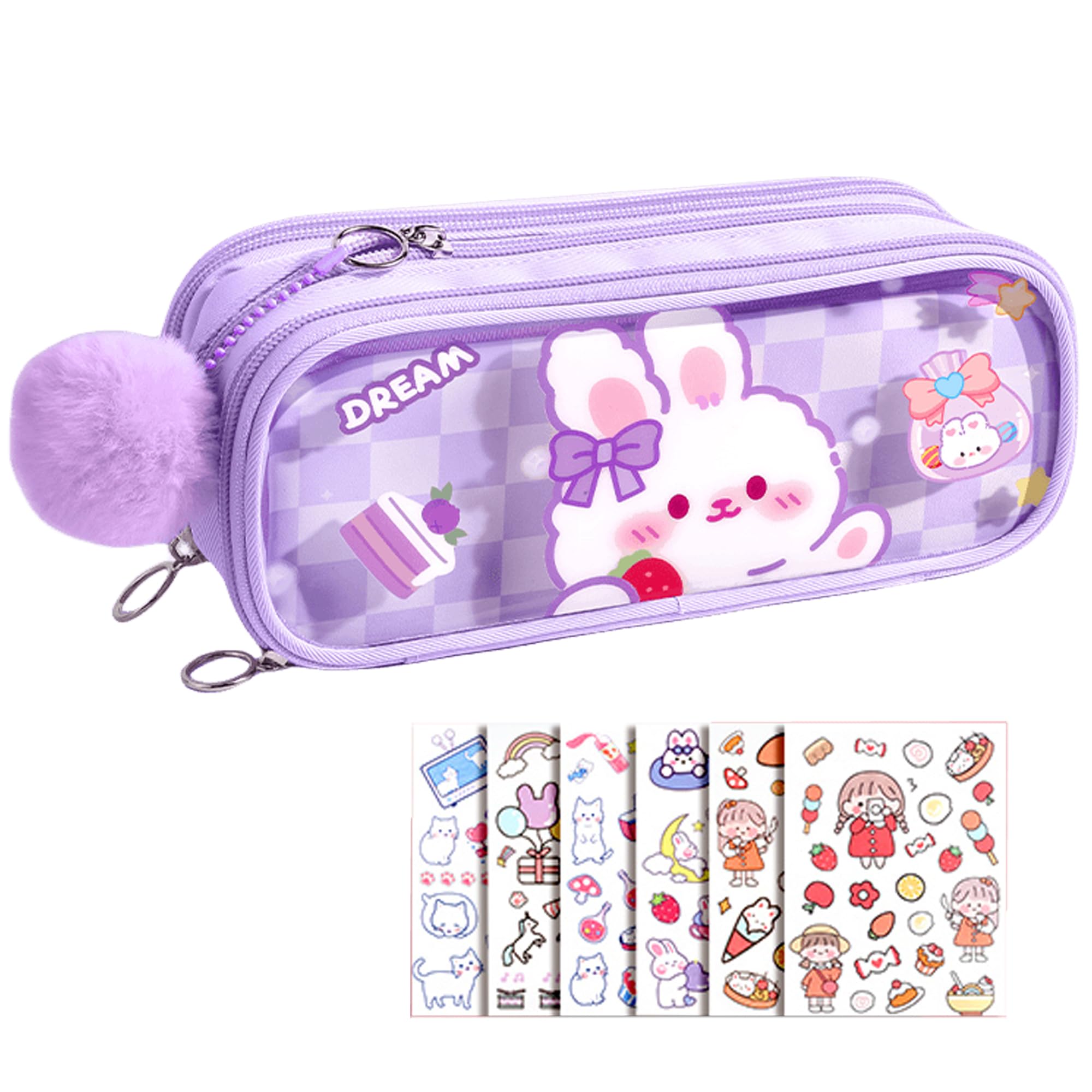 UINSUE Cute Pen case Adorable Bunny Transparent 3-Layer Large Capacity Pencil Case Gadget organizer with Lovely Stickers (Purple)