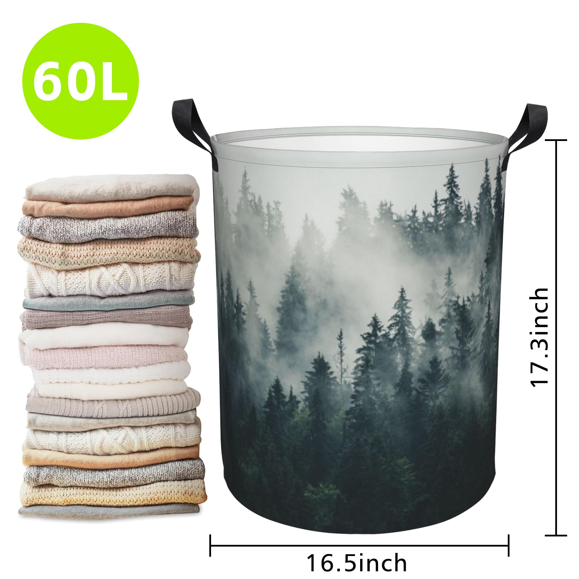 Naqiuli Misty Foggy Mountain Laundry Basket Foldable Laundry Hamper Waterproof Oxford Cloth Large Laundry Basket Clothes Storage Bucket Toy Organizer For Bathroom, Laundry, College 17.3 x16.5 Inch