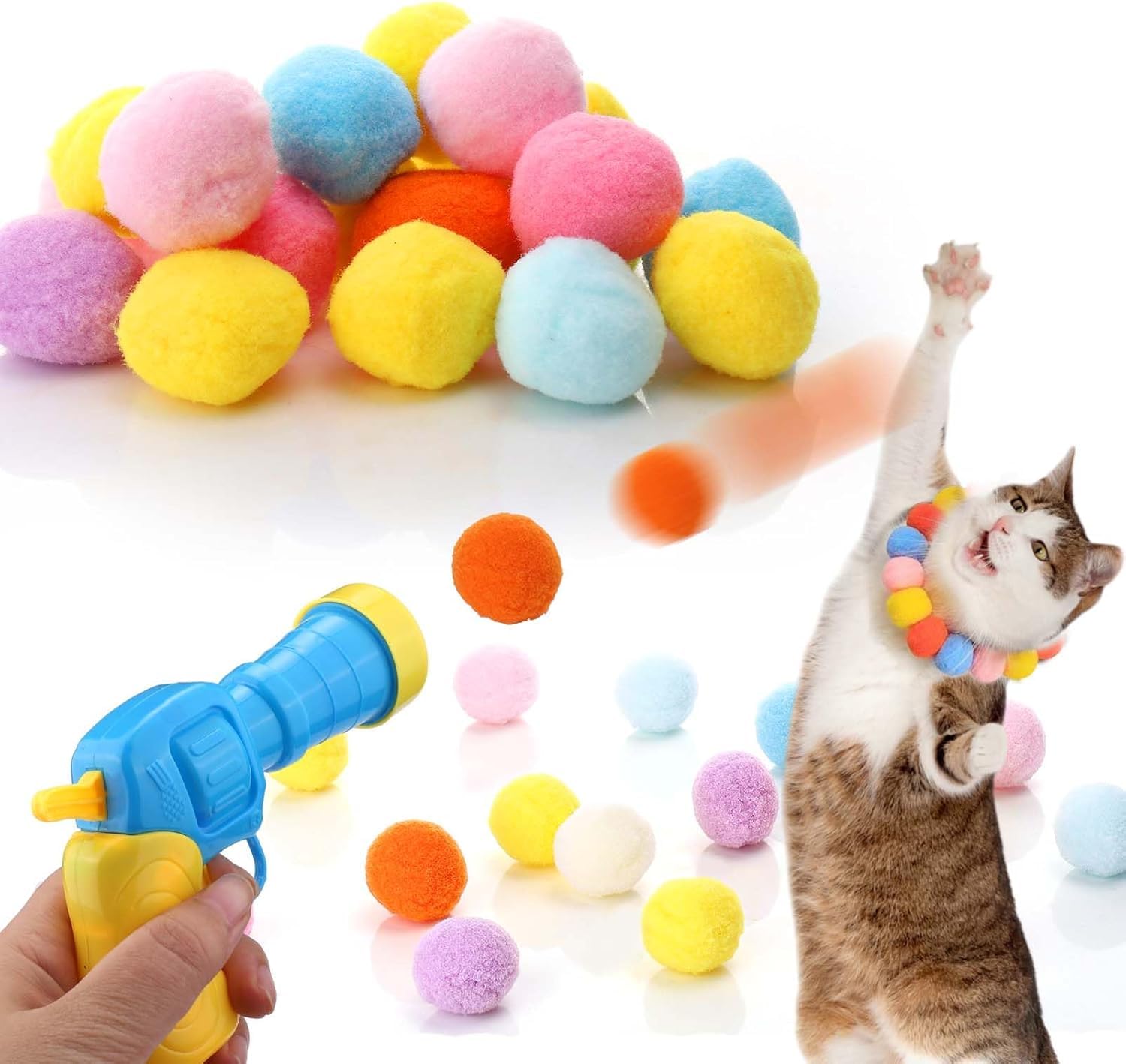 31Pcs Cat Ball Toy Launcher Gun, Cat Balls Fetch Toy, 30Pcs Plush Fuzzy Balls Launcher Cat Toy for Cats with 1 Gun, Funny Interactive Cat Toys for Bored Indoor Adult Cats, Cute Kitten Kitty Toys