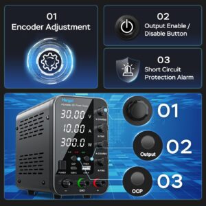 DC Power Supply Variable, 30V 10A Bench Power Supply with Encoder Coarse & Fine Adjustments Knob, Adjustable Switching Regulated lab Power Supply with 5V 3.6A USB & Type-C Quick-Charge