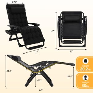 Slendor Oversized Zero Gravity Chairs XXL, 33In Padded Zero Gravity Lounge Chair, Lawn Recliner, Folding Patio Reclining Chair w/Aluminum Alloy Lock, Headrest, Cup Holder, Support 500lbs, Black