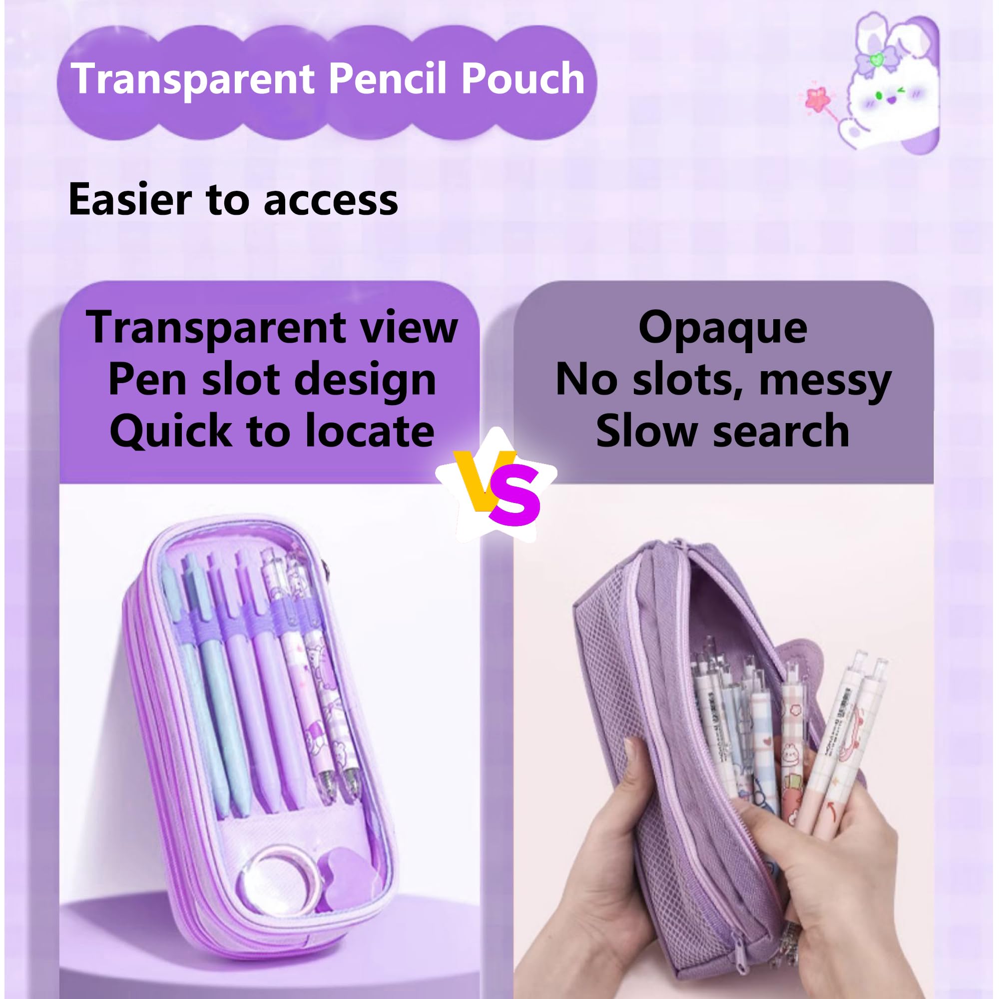 UINSUE Cute Pen case Adorable Bunny Transparent 3-Layer Large Capacity Pencil Case Gadget organizer with Lovely Stickers (Purple)