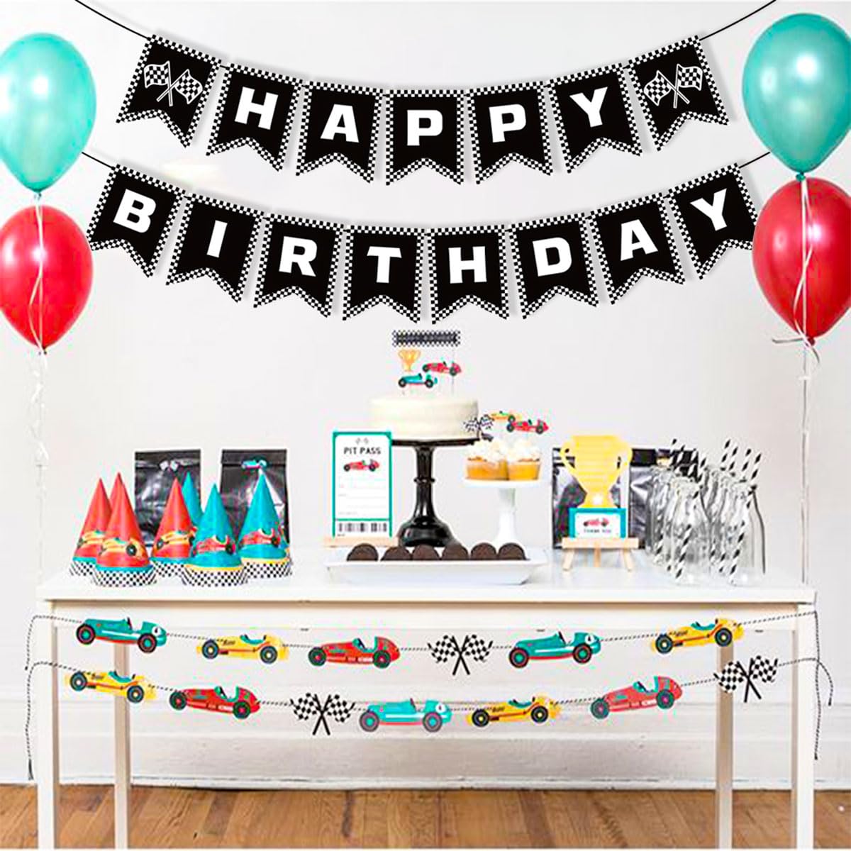 Eostankr Race Car Happy Birthday Banner Race Car Birthday Party Decorations Black and White Checkered Flag Banner Racing Themed Checkered Flag Party Supplies for Boys