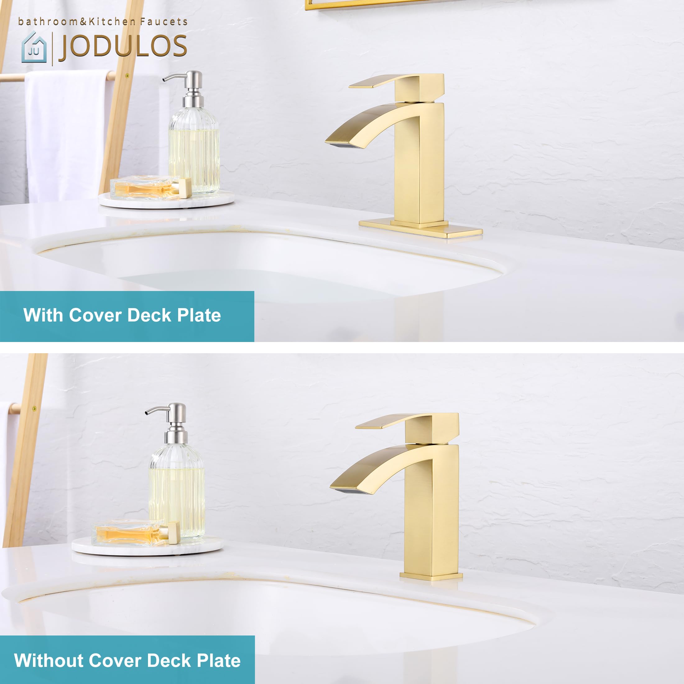 Jodulos Gold Bathroom Faucet, Waterfall Bathroom Sink Faucet with cUPC Supply Hose and Pop Up Drain, Single Handle Single Hole Modern Faucet for Bathroom Vanity