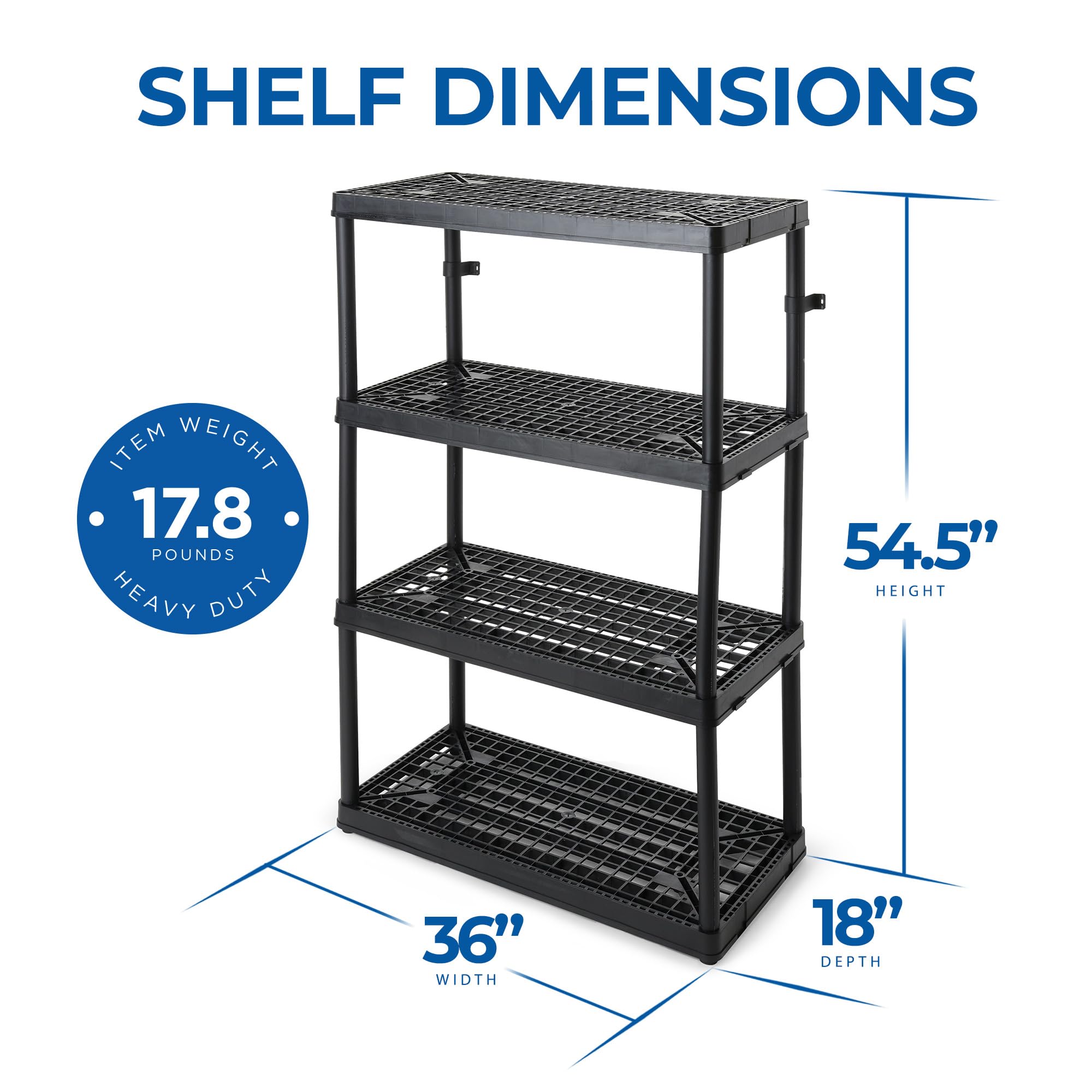 Gracious Living 4 Shelf Fixed Height Ventilated Heavy Duty Storage Unit 18 x 36 x 54.5 Organizer System for Home, Garage, Basement, & Laundry, Black