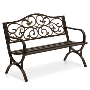 plainsity outdoor metal bench, outdoor garden bench with decorative backrest, ideal outdoor patio bench for yard porch lawn & park - durable & elegant outdoor benches weatherproof design