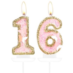 ininger birthday candle,butterfly 16th birthday party decorations for women/girl,gold pink birthday number 16 candle,2.75" large glitter birthday candles wedding cake topper anniversary party decor