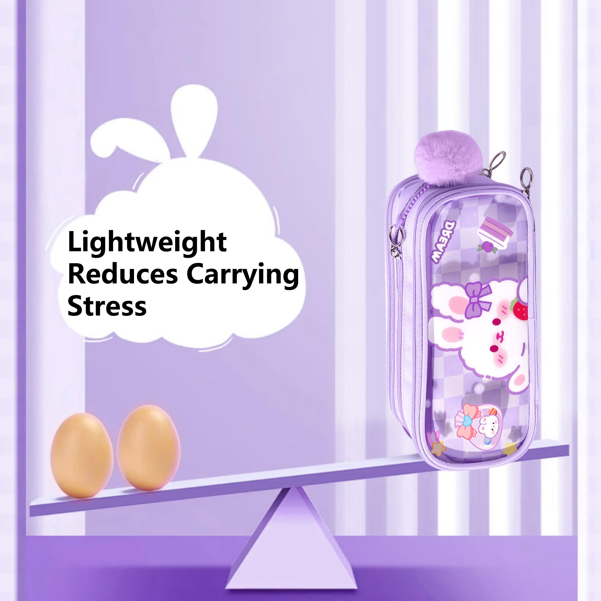 UINSUE Cute Pen case Adorable Bunny Transparent 3-Layer Large Capacity Pencil Case Gadget organizer with Lovely Stickers (Purple)