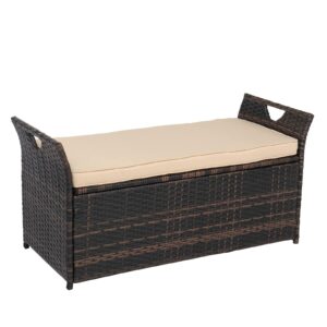 bayuelswu 33gallon outdoor wicker storage bench with removable cushion, waterproof pe rattan deck box with handles for patio furniture cushions, toys and garden tools (brown)