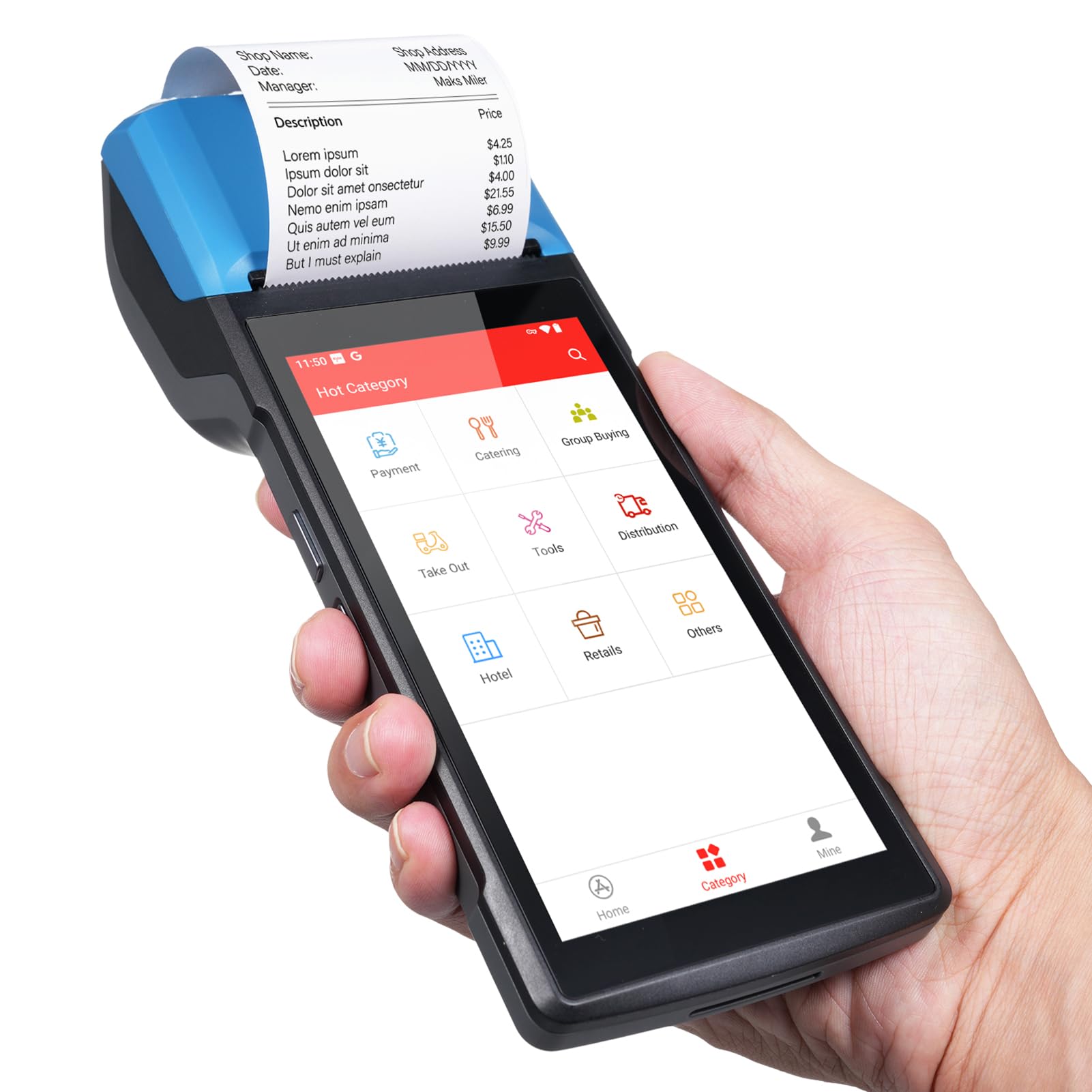 Bisofice 4G Handheld PDA POS Android 13.0 Receipt Printer 2GB+16GB, Camera 5M, 1D 2D Barcode Scanner, Wifi/Gps/BT/4G Full Network Connection, 5" Touchscreen 58mm Width Thermal Label Printing