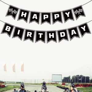 Eostankr Race Car Happy Birthday Banner Race Car Birthday Party Decorations Black and White Checkered Flag Banner Racing Themed Checkered Flag Party Supplies for Boys