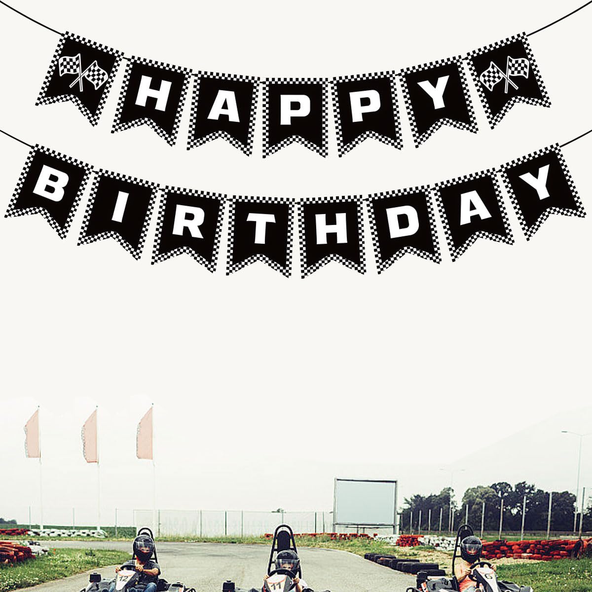 Eostankr Race Car Happy Birthday Banner Race Car Birthday Party Decorations Black and White Checkered Flag Banner Racing Themed Checkered Flag Party Supplies for Boys