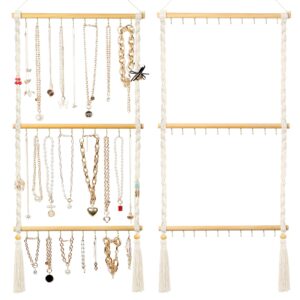 ureymx hanging jewelry organizer macrame necklace holder, with 30 hooks, over door necklace rack, wall mounted jewelry hanger with tassel boho for necklace headband bow earring bracelet